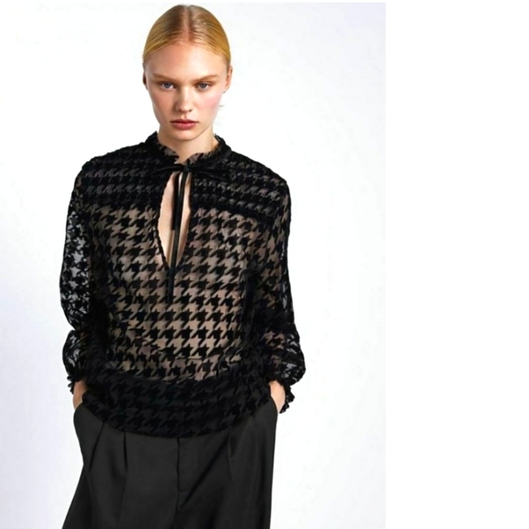 Zara | Tops | Zara Womens Size Xxl Black Houndstooth Sheer Flocking Key ...